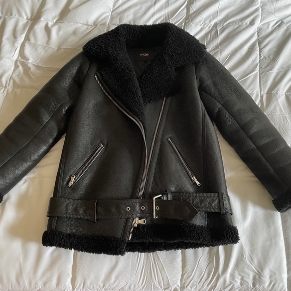 Maje | Jackets & Coats | Maje Real Shearling And Leather Jacket Black ...